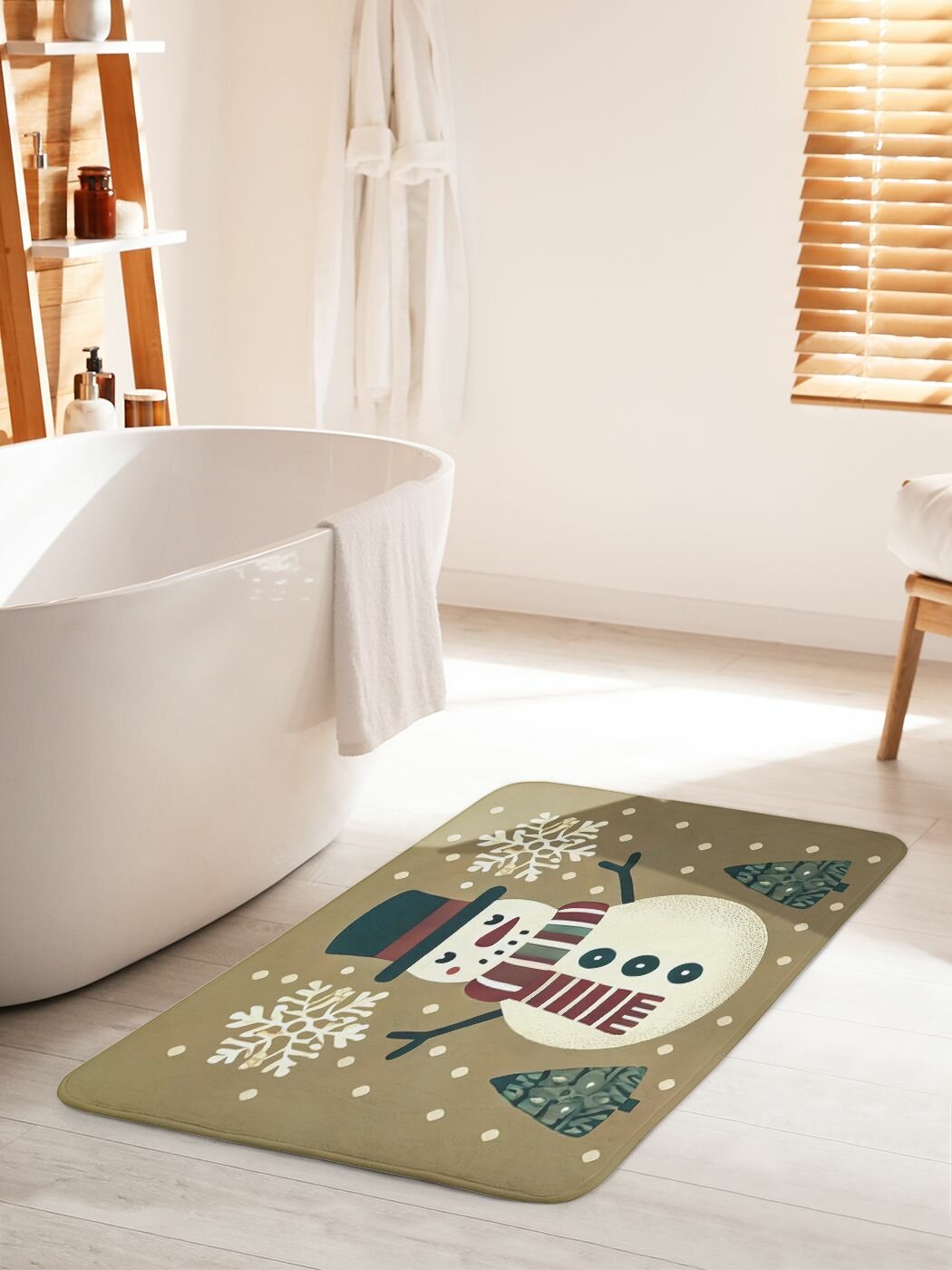 Коврик для ванной комнаты и туалета противоскользящий "Снеговик и снежинки" 60х100 см, JoyArty, серия Новый год