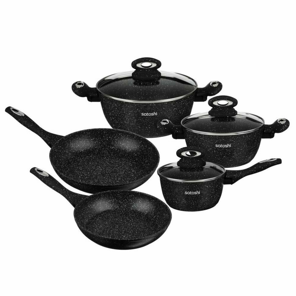 SATOSHI Валанс (846-622), Набор посуды из 8-ми предметов: кастрюли+крышки 2.3л; 3.8л; ковш+крышка 1,3л; сковородки 24см, 28см, с антипригарным покрытием