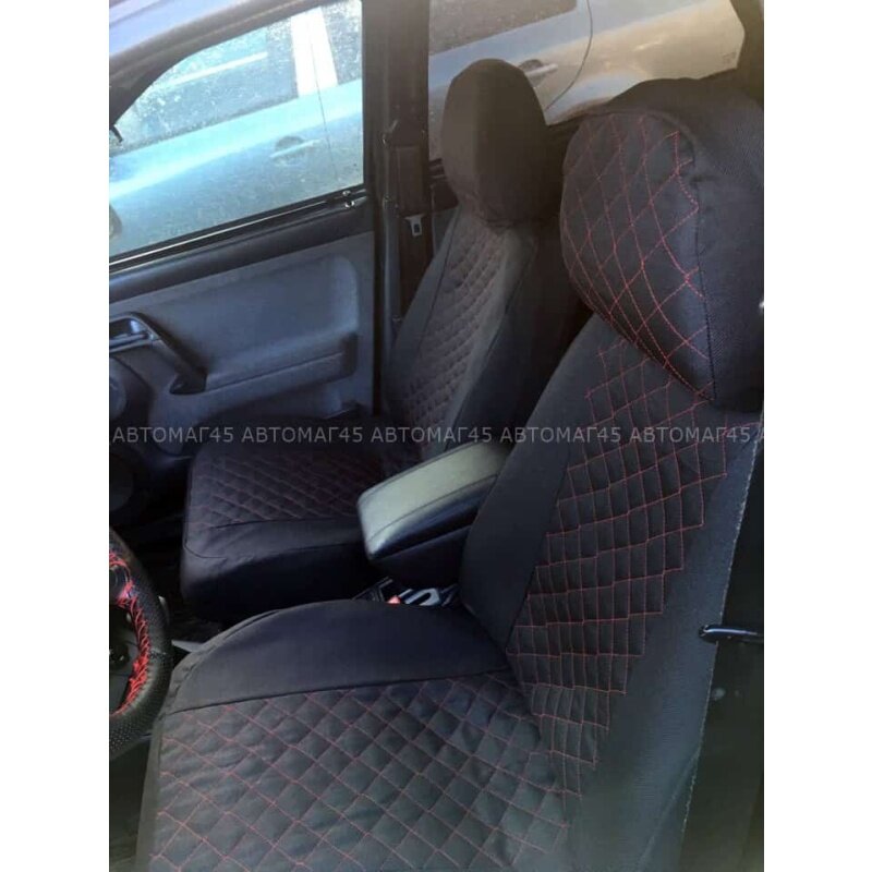 Авточехлы ВАЗ 2110 Приора седан до 2014г жаккард черный с красной ниткой ромб Барс