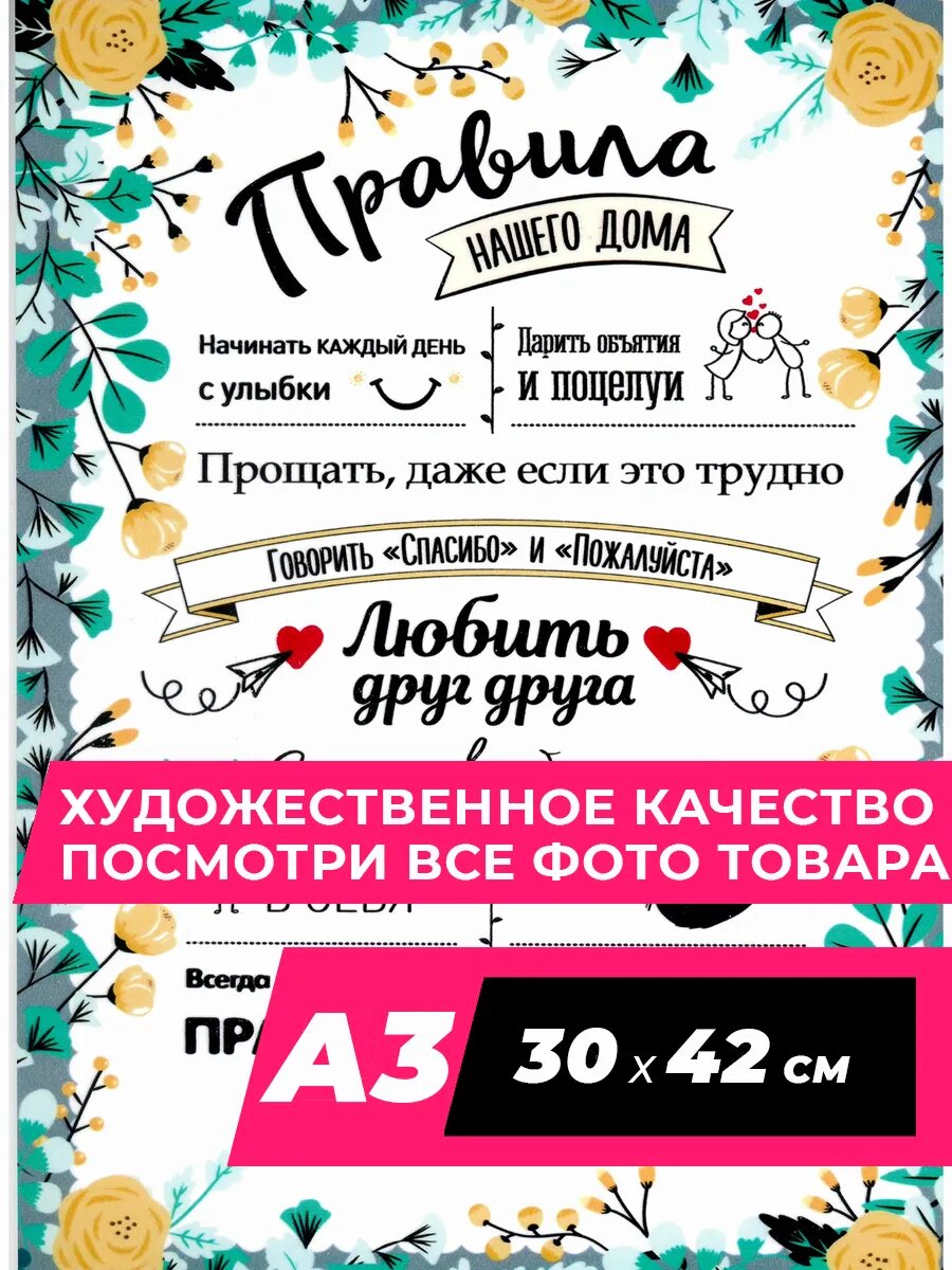 Постер Правила нашего дома на стену размер A3, матовая фотобумага премиум качества