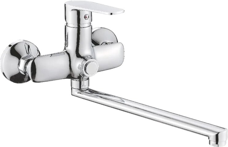 Смеситель с длинным изливом для ванны Cron CN523 CN22523 с душевым гарнитуром, поворотный, металлический, хром, глянцевый, смеситель для ванны с душем, рычажный, с настенным держателем