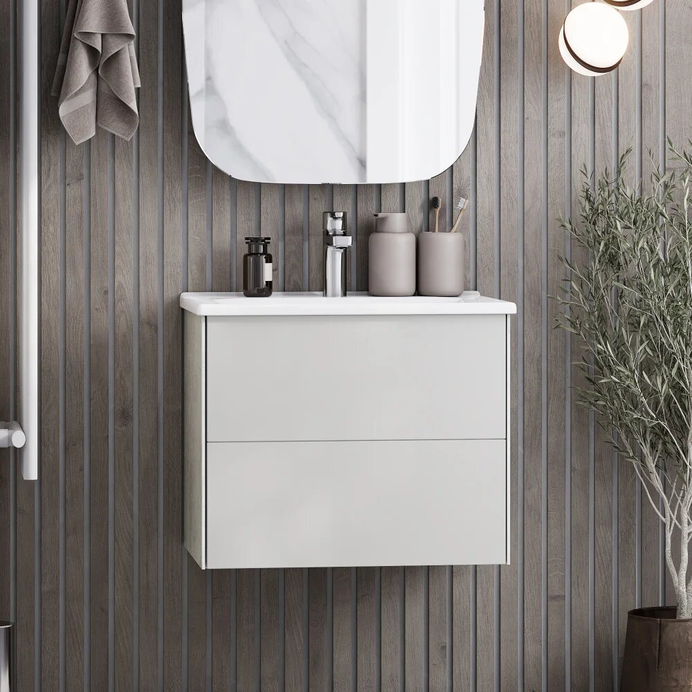 Тумба с раковиной AQUATON Сохо 60 подвесная, 60 см, серая, матовая, из МДФ, с ящиками, раковина для ванной фарфоровая, прямоугольная, встроенный слив-перелив, лофт