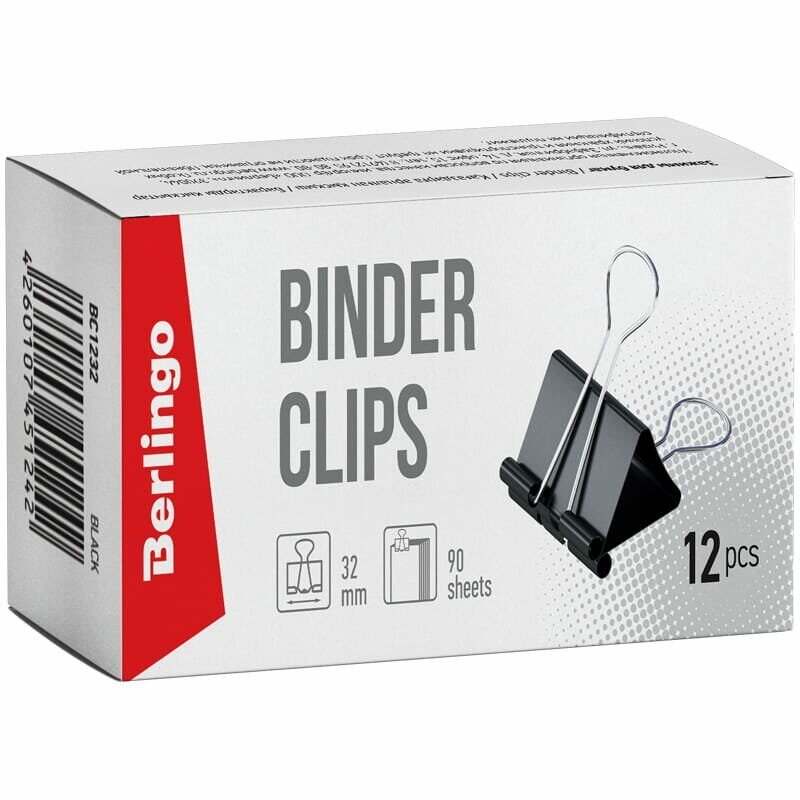Зажимы для бумаг 32мм, Berlingo, 12шт, черные, картонная коробка, BC1232/110962