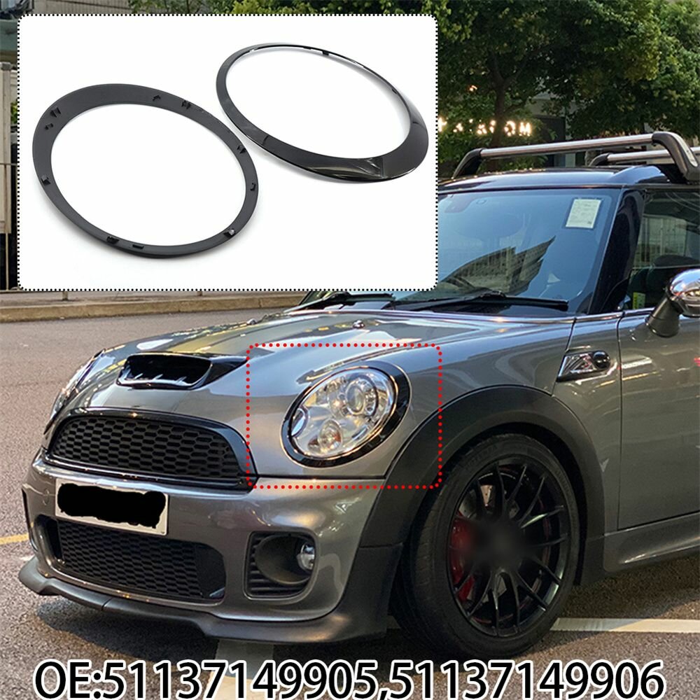 Накладное Кольцо Фары Слева + Справа Для Mini Cooper R55 R56 2007-2015 Глянцевый Черный