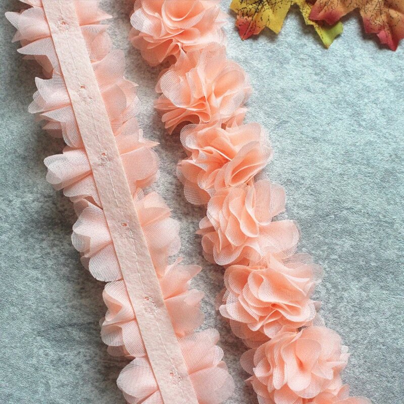 Кружевная лента 3D цветы полиэстер 5см Розовый, champagne