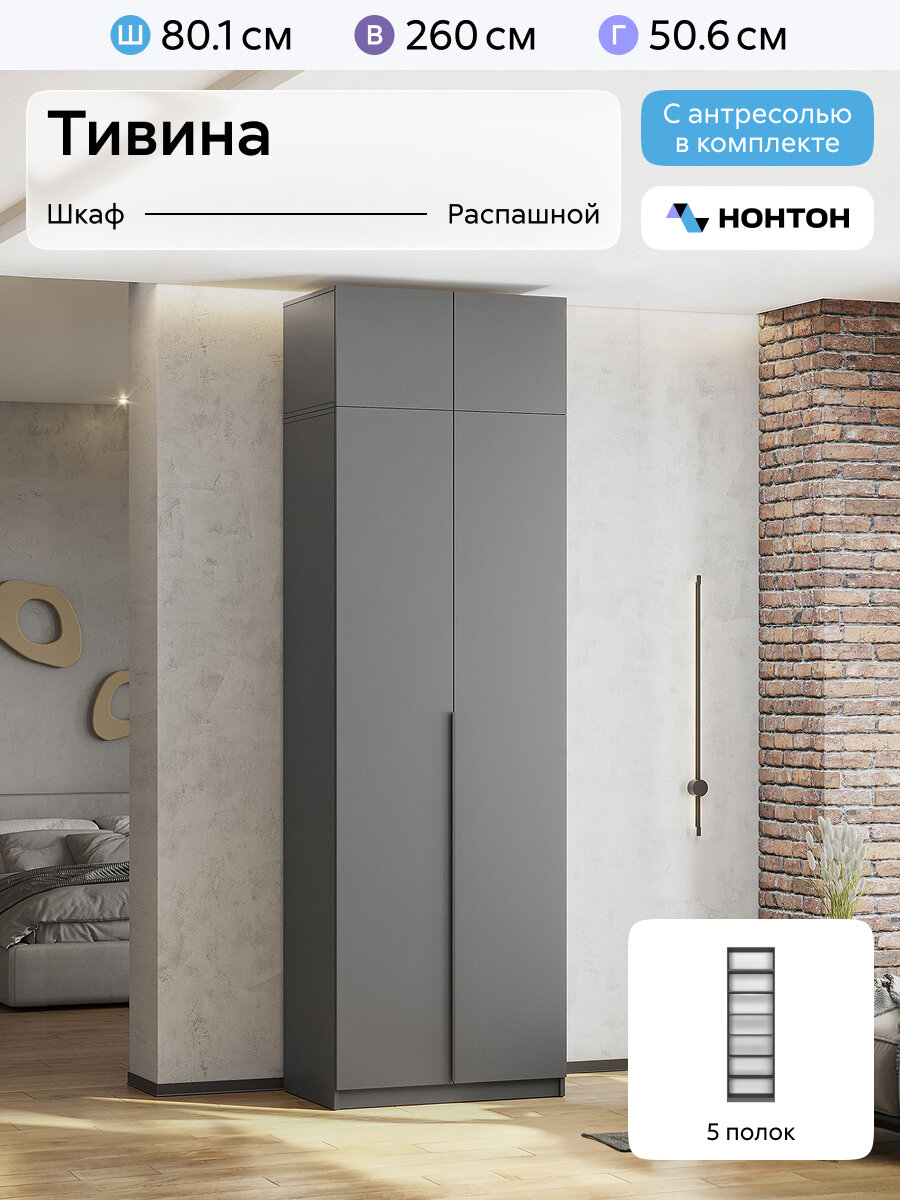 Шкаф для одежды распашной Нонтон Тивина, с антресолью, 80 см, 5 полок, графит серый
