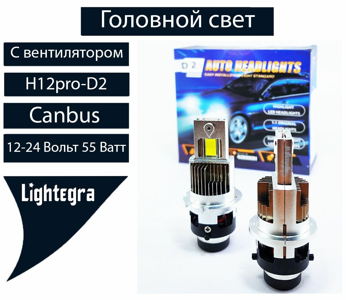 Светодиодная лампа D2S D2R (LED) С вентилятором. H12pro Canbus 55 Ватт 2 шт