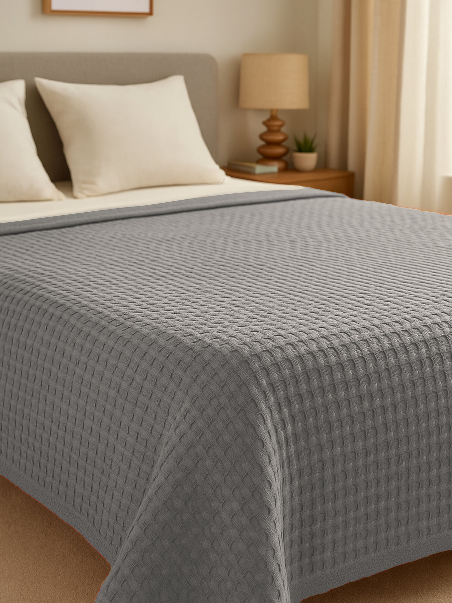 Плед-покрывало 220х240 см, 100% хлопок, двухсторонний, покрывало на кровать и диван, большой хлопковый плед, темно-серый