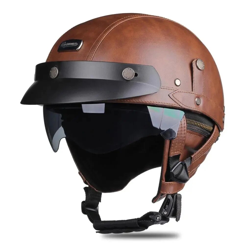 Мотоциклетный полушлем, немецкий кожаный винтажный шлем Casco Moto, мотоциклетный шлем с открытым лицом, байкерский DOT-сертификация, L, Коричневый, Унисекс