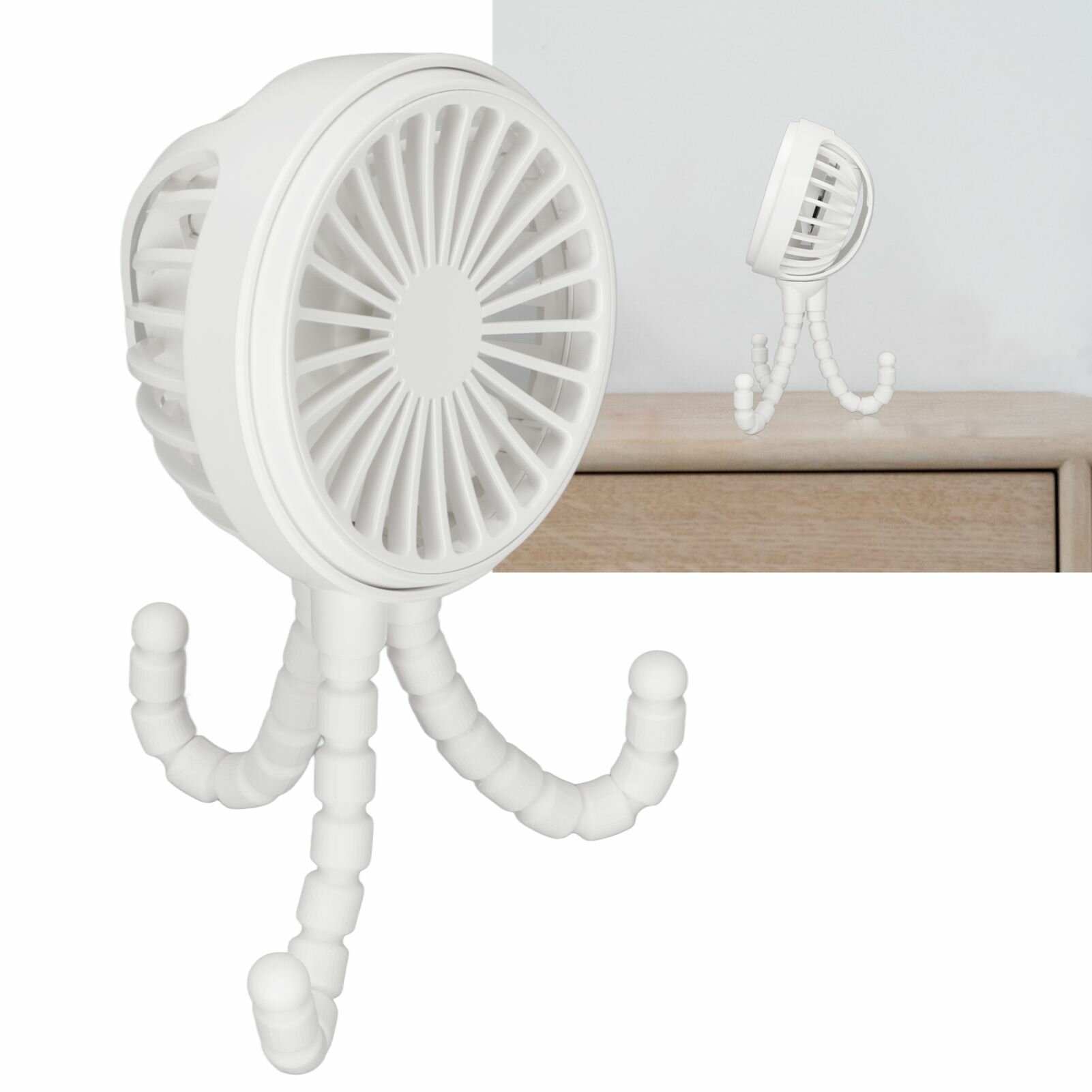 Мини-портативный вентилятор, 3 скорости, вращающийся на 360 , перезаряжаемый настольный вентилятор с гибким штативом для офиса, спальни, кемпинга, белого цвета