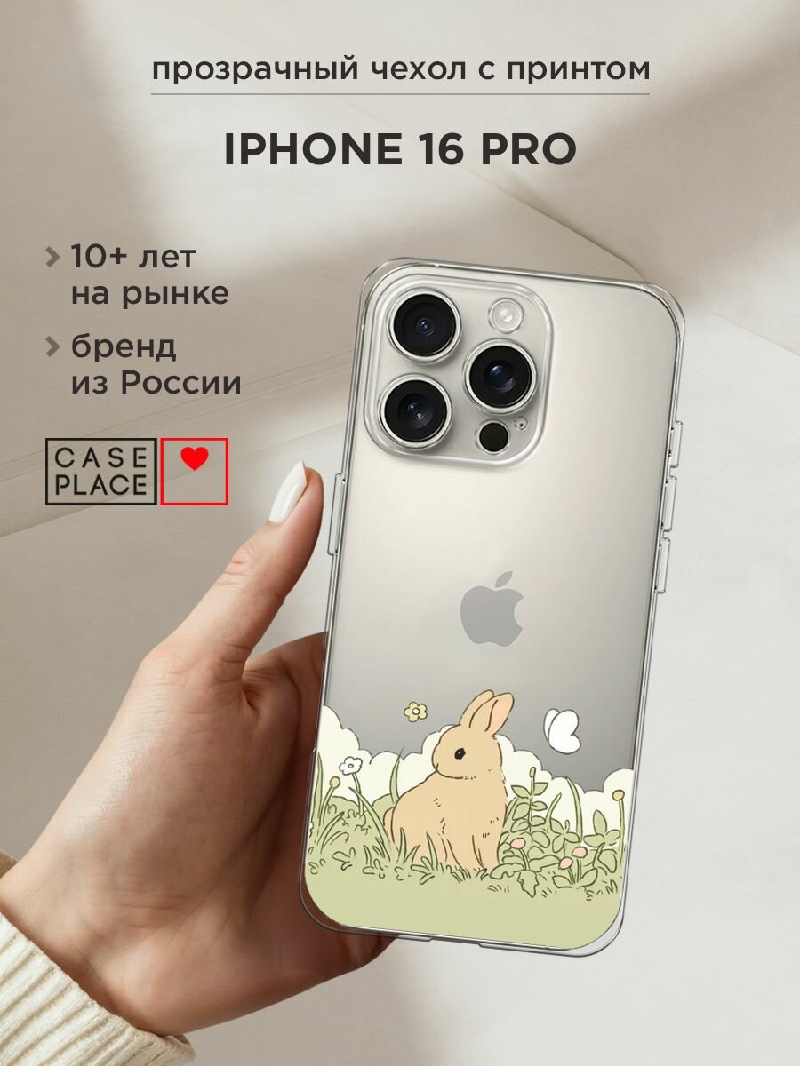 Чехол на Apple iPhone 16 Pro / Айфон 16 Про с принтом "Кролик в поле", прозрачный