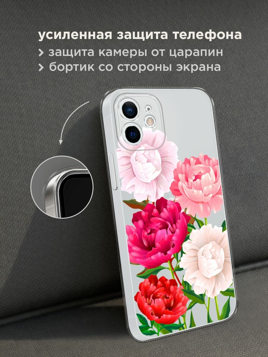 Чехол на Apple iPhone 12 mini / Айфон 12 Мини с принтом "Большие пионы", прозрачный — фото 1
