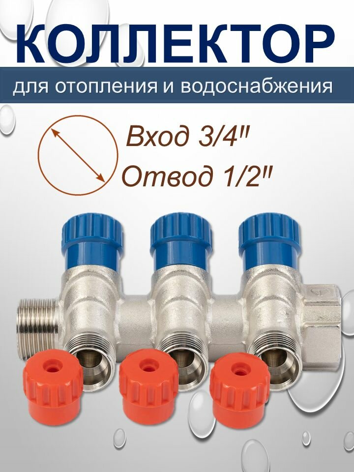 Коллектор с регулируемыми вентилями 3 вых. 3/4"х1/2" НР