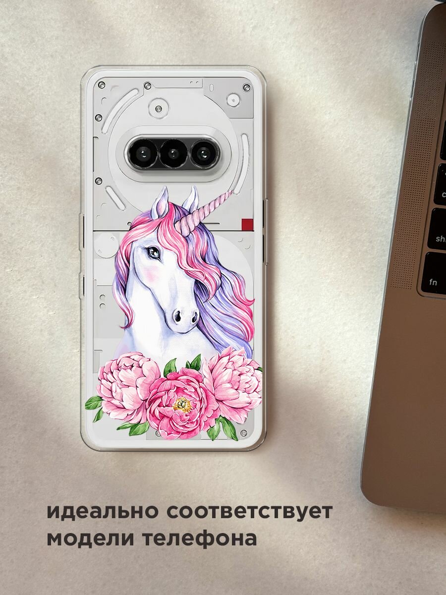 Чехол на Nothing Phone 3a / Нотинг Фон 3а с принтом "Единорог с пионами", прозрачный — фото 1