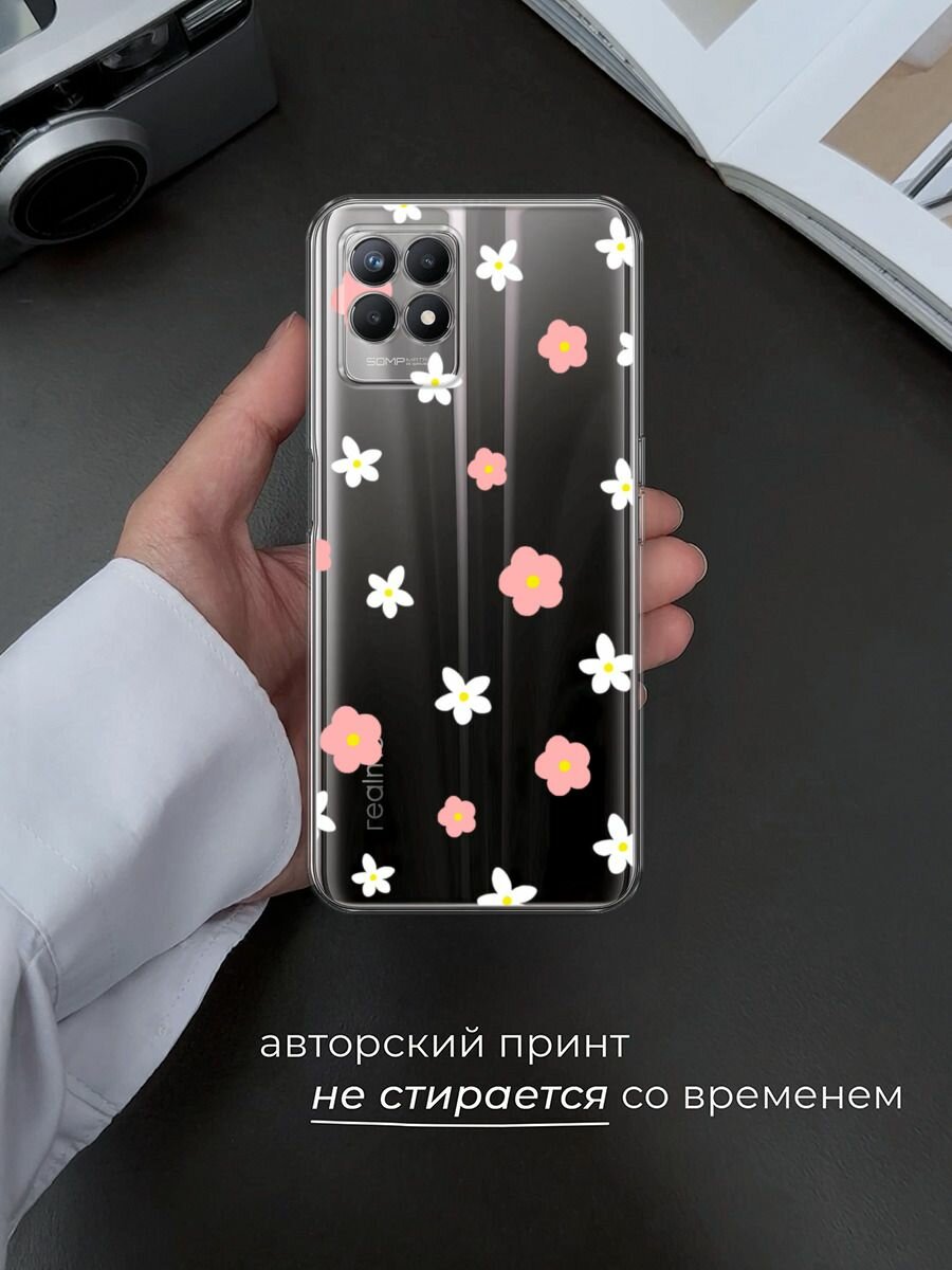 Чехол на Realme 8i / Реалми 8i с принтом "Розовые и белые цветы", прозрачный — фото 1
