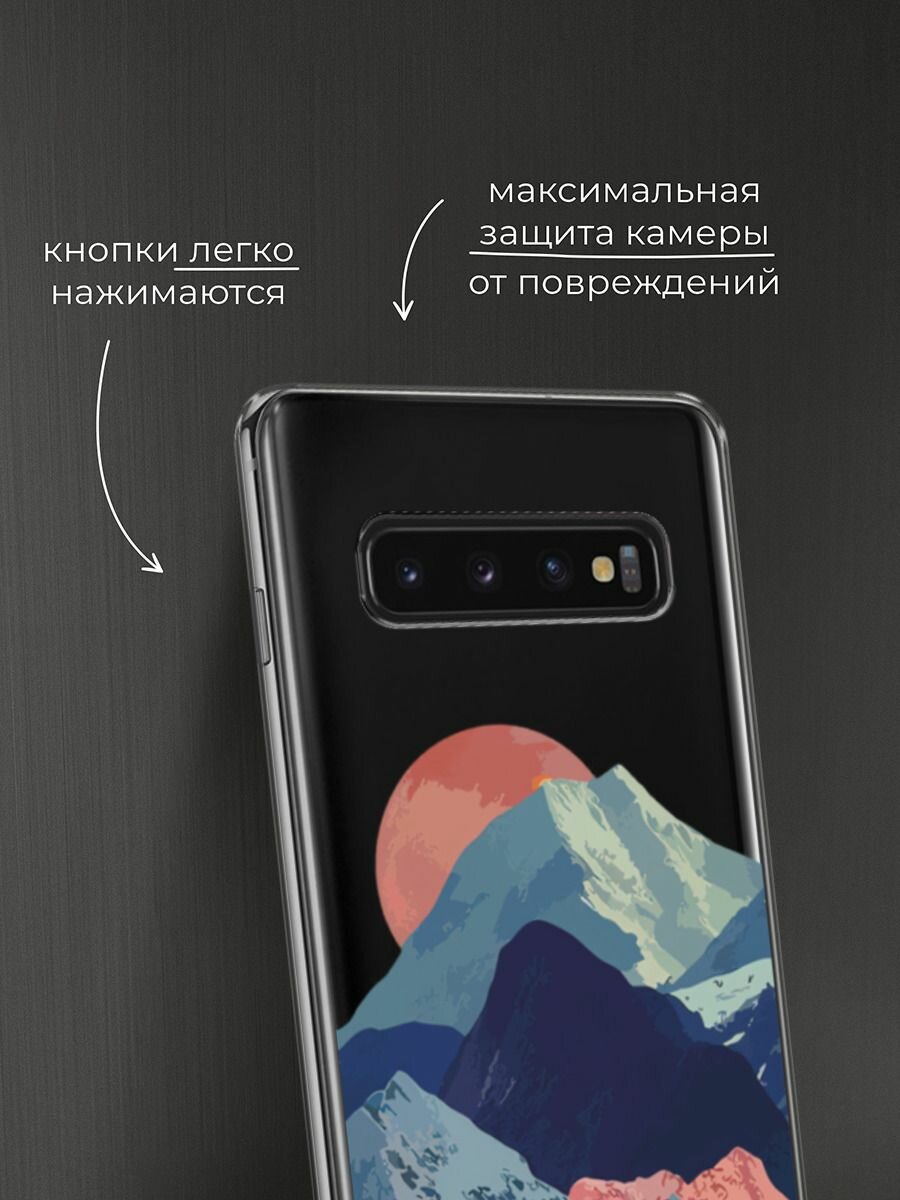 Чехол на Samsung Galaxy S10 + / Самсунг Галакси S10 Плюс с принтом "Закат в снежных горах", прозрачный — фото 1