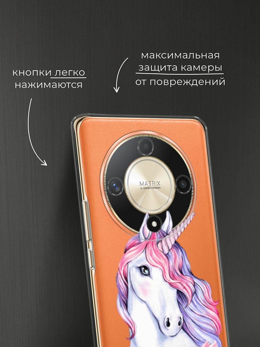 Чехол на Honor X9b / Хонор X9B с принтом "Единорог с пионами", прозрачный — фото 1