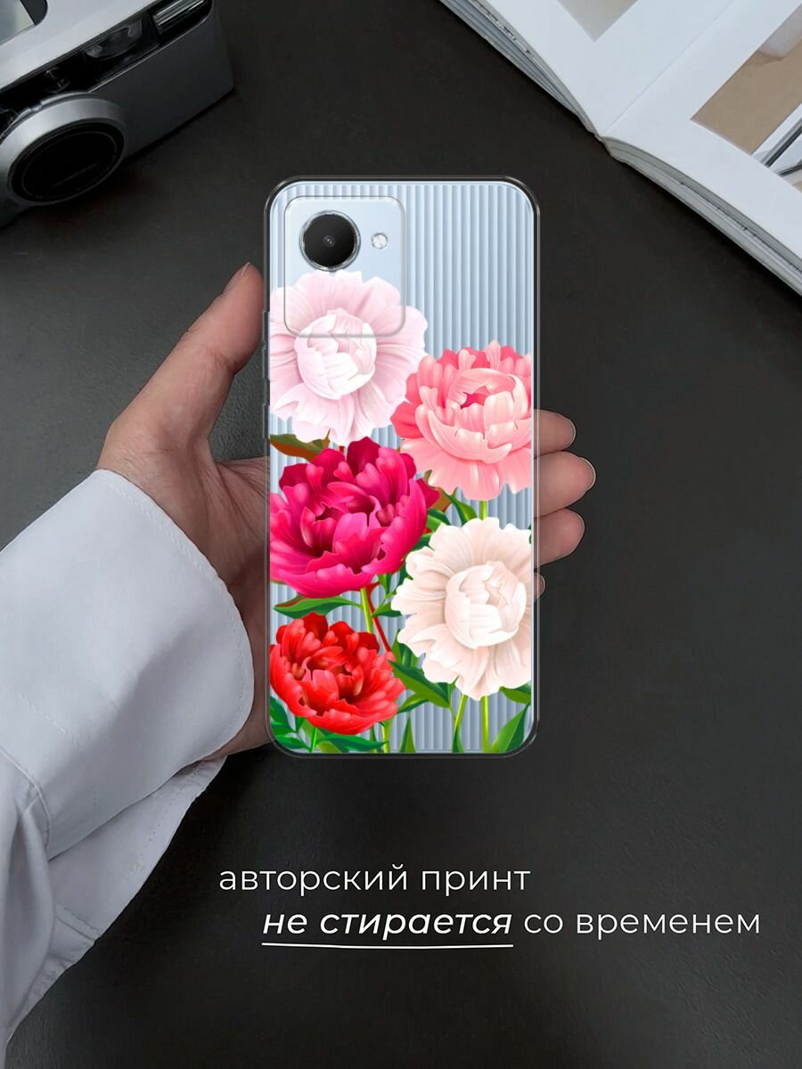 Чехол на Realme C30 / Реалми C30 с принтом "Большие пионы", прозрачный — фото 1