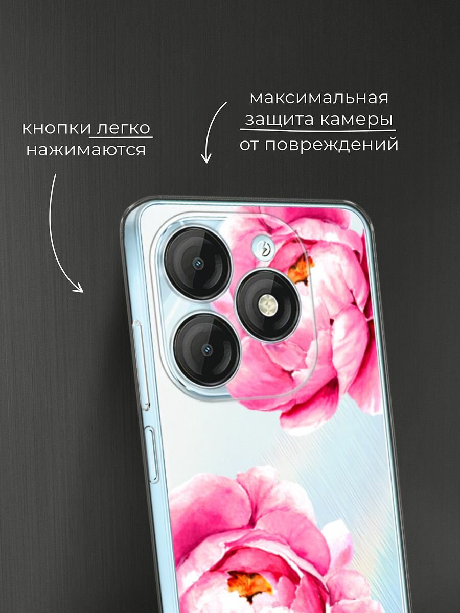 Чехол на Itel P55 / Ител Р55 с принтом "Open peonies", прозрачный — фото 1