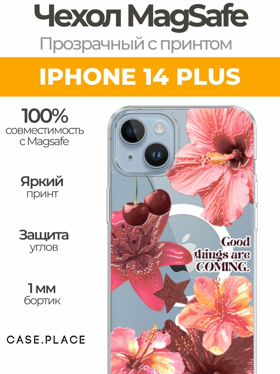 Чехол на Apple iPhone 14 Plus (Айфон 14 Плюс) MagSafe с магнитом и принтом "Черешня и цветы 2"