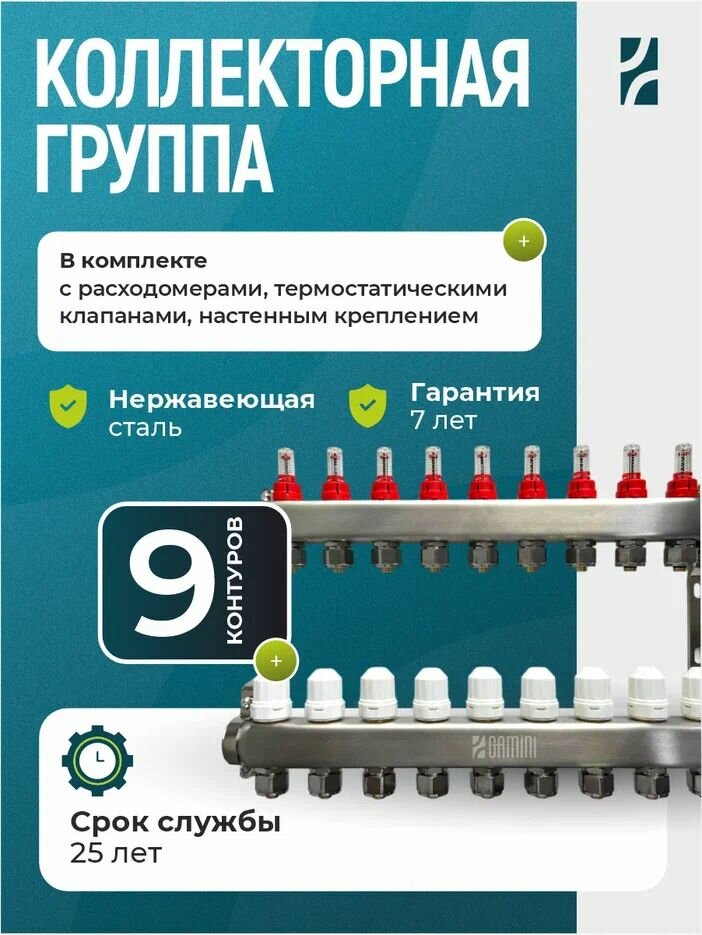 Коллектор для теплого пола на 9 контура + расходомеры + термостатические клапаны GAMINI