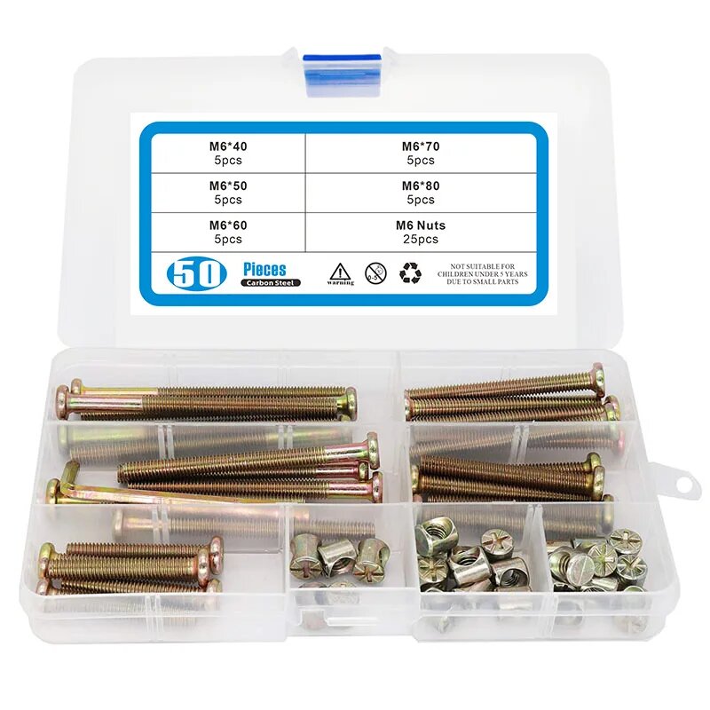 50 шт, мебельные болты, набор крестообразных гаек, винты с шестигранной головкой M6x40/50/60/70/80 мм для деревянной кровати, стула, стола, кроватки, стула, набор в ассортименте