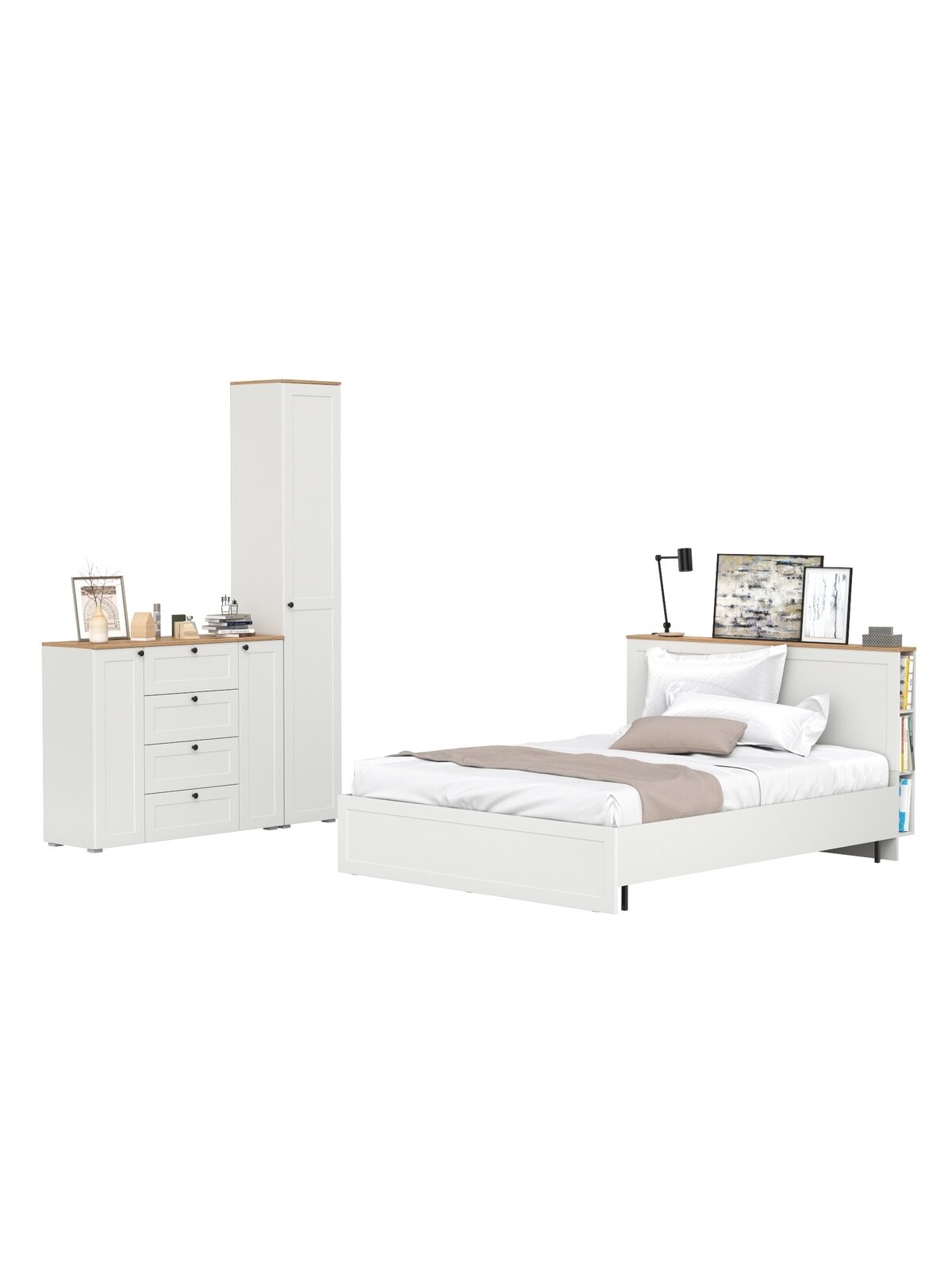 Двуспальная кровать с ортопедическим основанием Остин и шкаф-пенал 13.227 с комодом 16.221, белый шагрень/дуб крафт