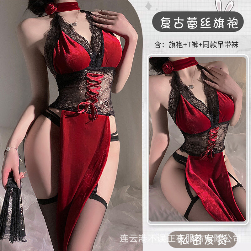 Сексуальное бельё, сексуальная одежда, женская одежда для сна, униформа, красное кружевное чонсам, соблазнительный наряд