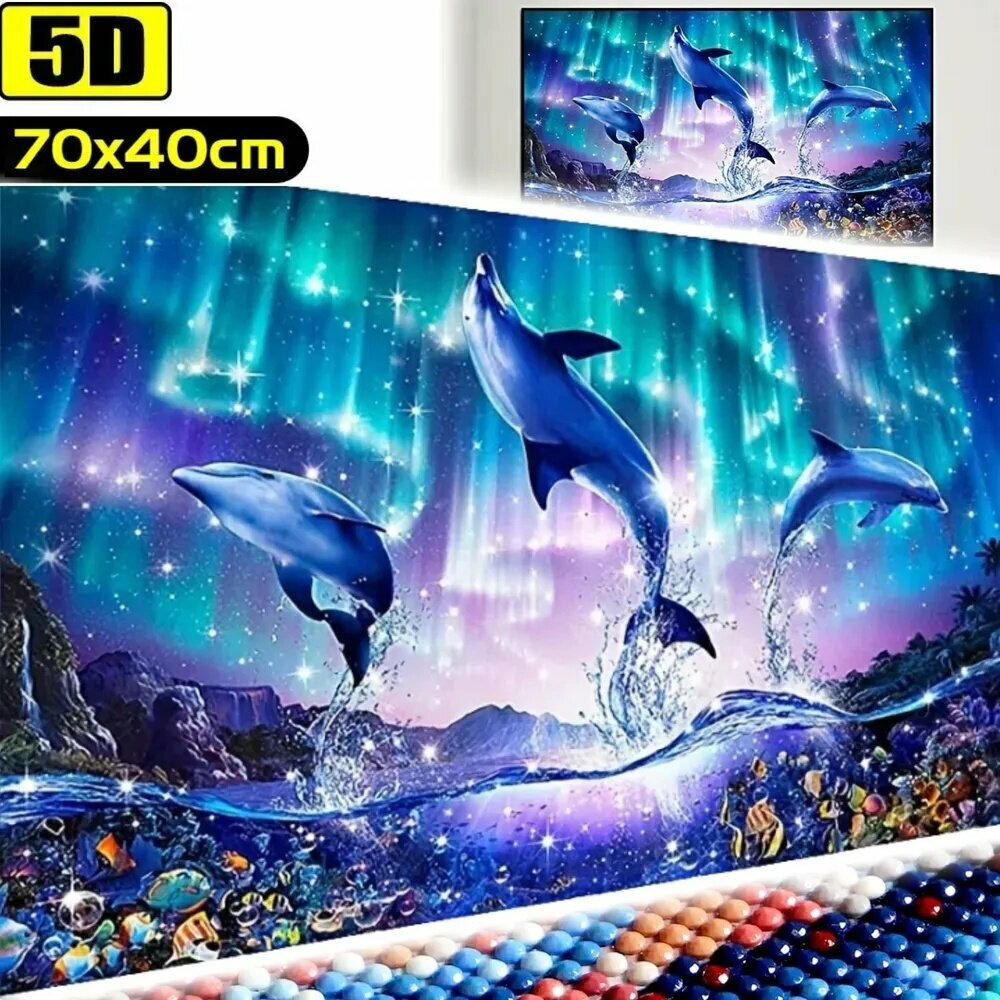 Алмазная мозаика "дельфин" / Алмазная вышивка / Круглая картина стразами Полная выкладка 70х40 см размер холста, 65х35 см размер картины(без подрамника, без рамки)