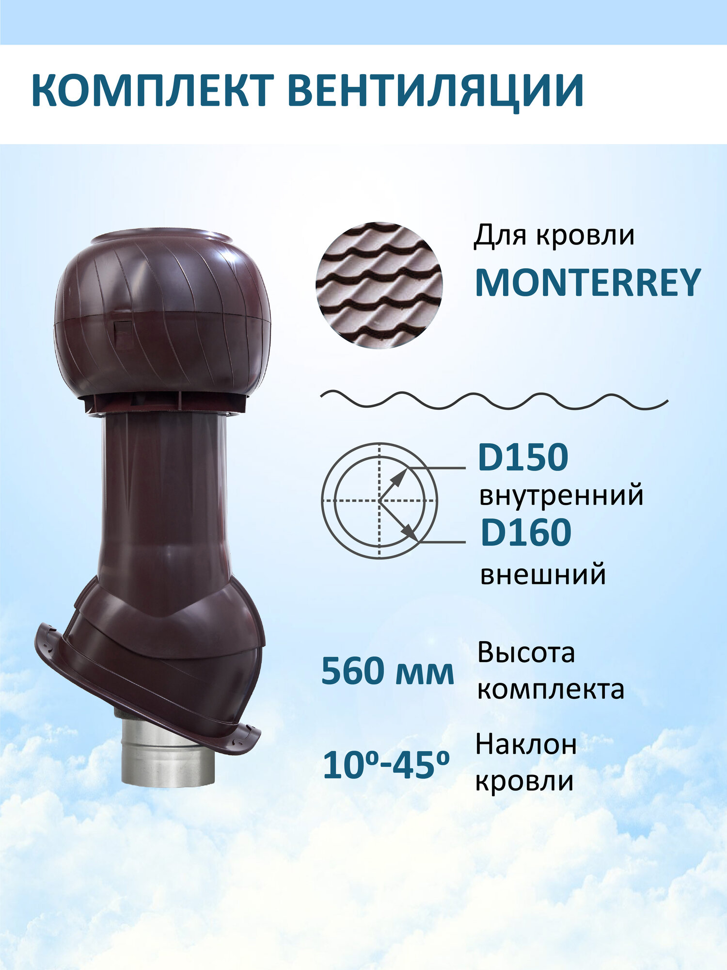 Готовый комплект изолированный: для металлочерепицы Монтеррей, 150/160 мм, RAL8017, Gervent, серия Static (колпак)