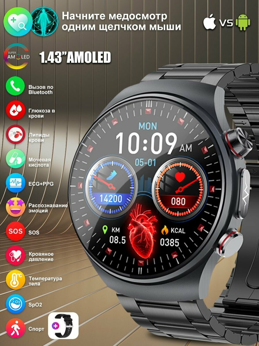 Умные часы 2025 с AMOLED-экраном и топовым чипом TI: Неинвазивный замер глюкозы, круглосуточный мониторинг сердца, Bluetooth-звонки.