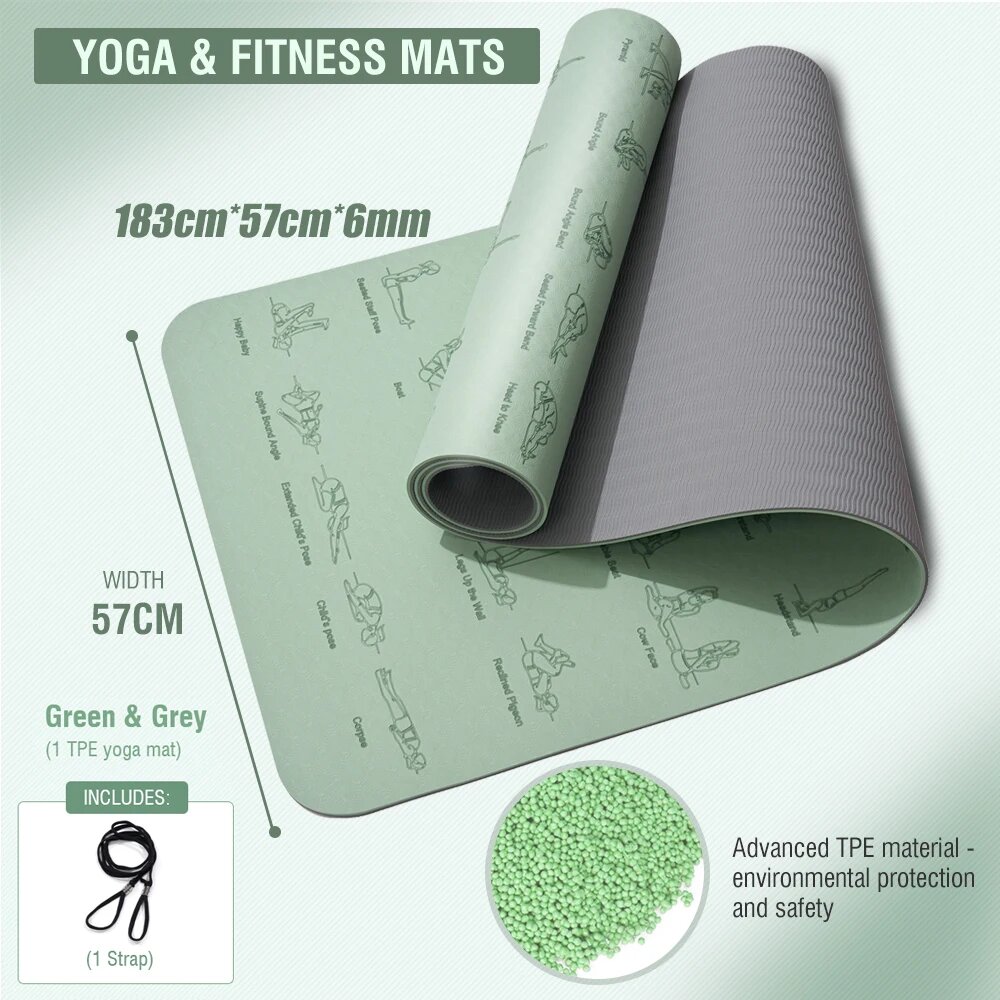 Нескользящий коврик для йоги TPE зеленый 183*57 см 6 мм Зеленый, green