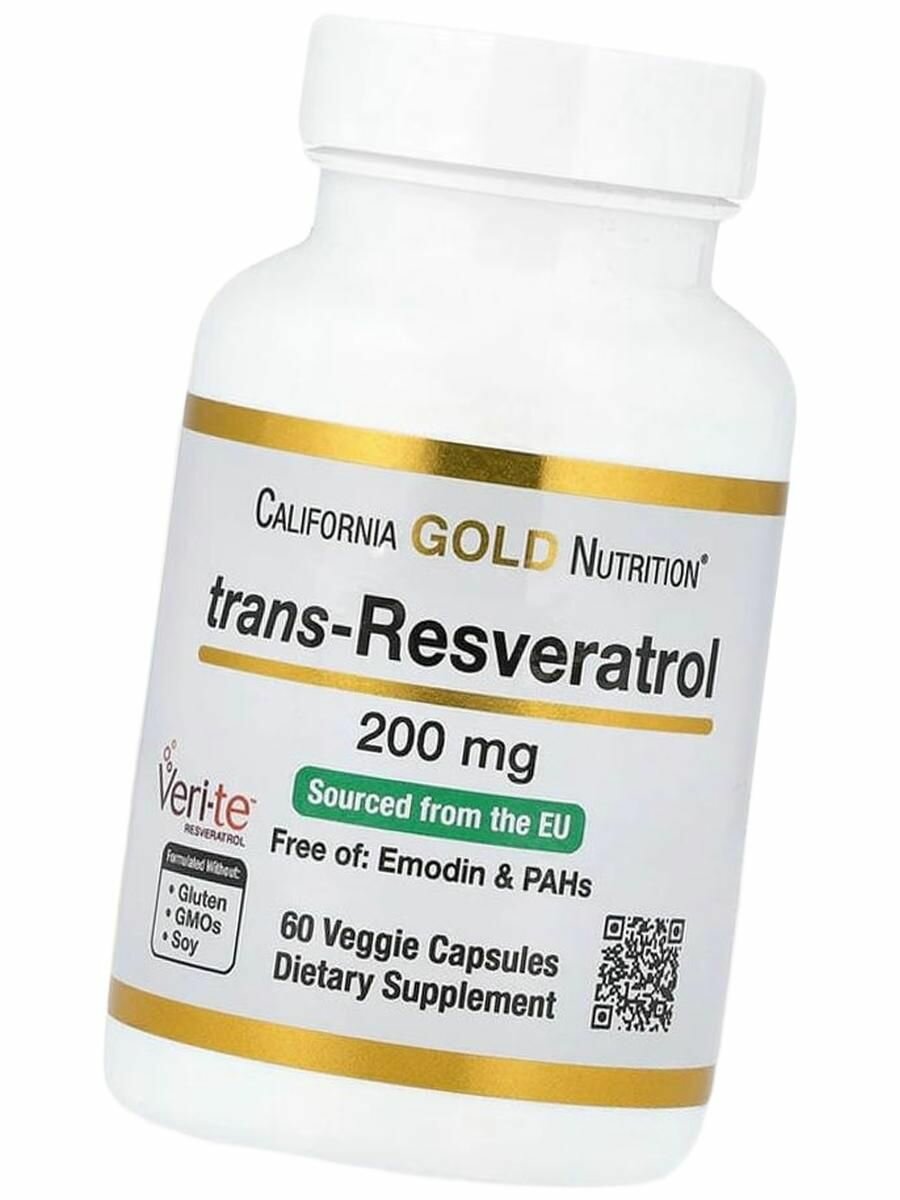 Транс-ресвератрол, 200 мг, 60 капсул для антиоксидантной защиты и долголетия