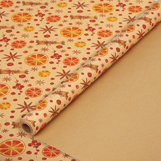 Бумага упаковочная Золотая Сказка крафт BIG SIZE новогодняя "Апельсин & Корица", 0,7х10 м, , 592192