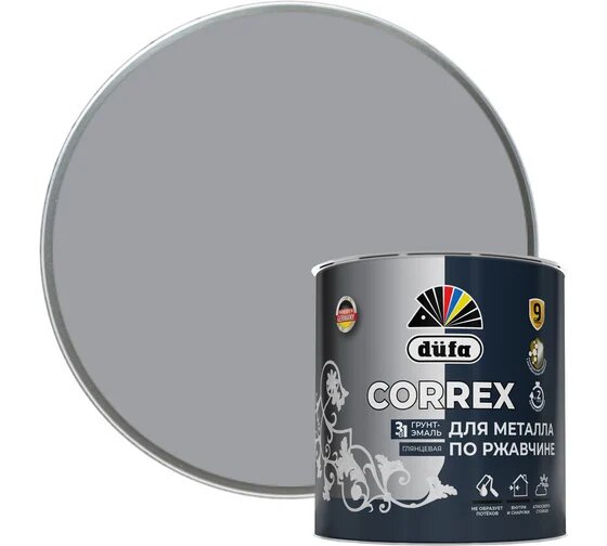 Dufa Грунт-эмаль по ржавчине гладкая Correx 3 в 1 RAL-7004 серый 2 л