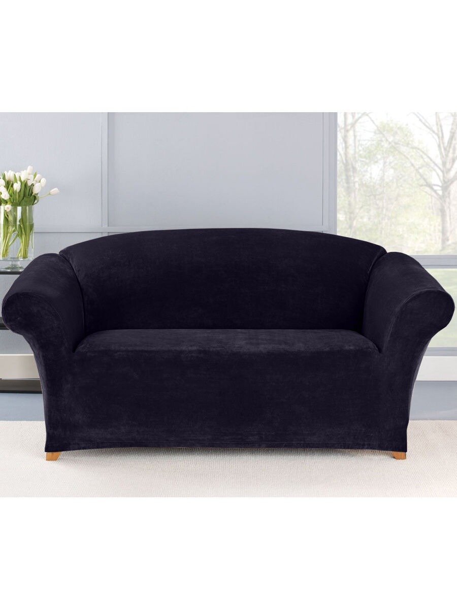 Чехол на трехместный диван Бруклин темно-серый, стрейчевый велюр, Виктория Хоум Декор