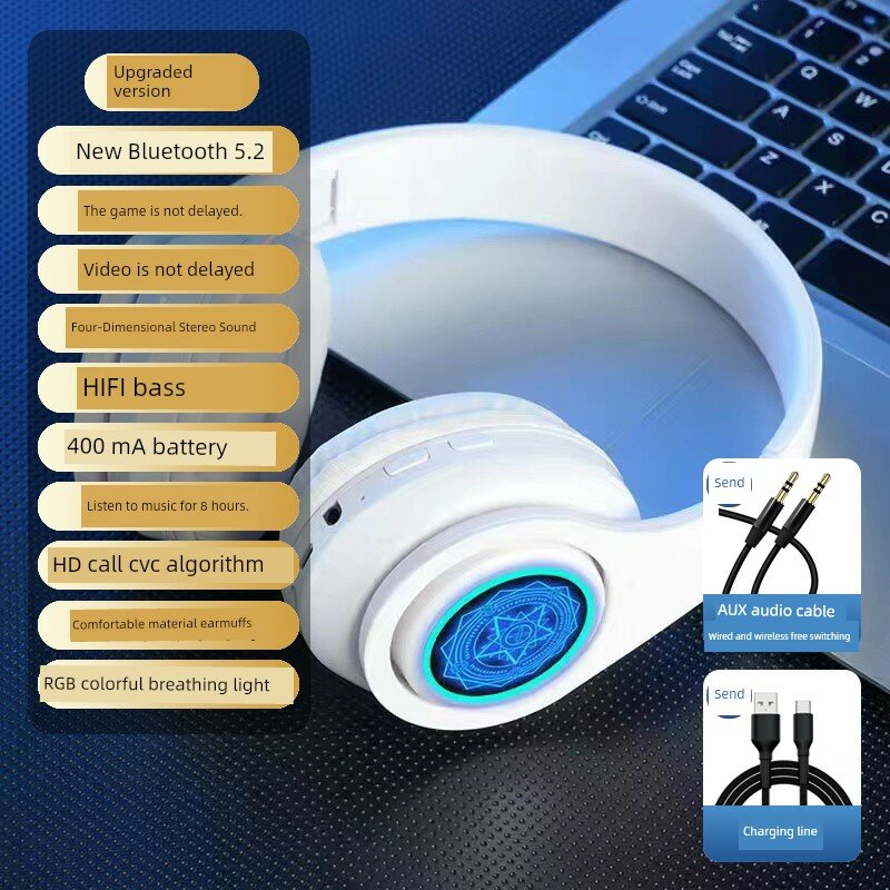 Беспроводные наушники-головные с Bluetooth 5.2, RGB-подсветкой, белый магический дизайн для игр и музыки