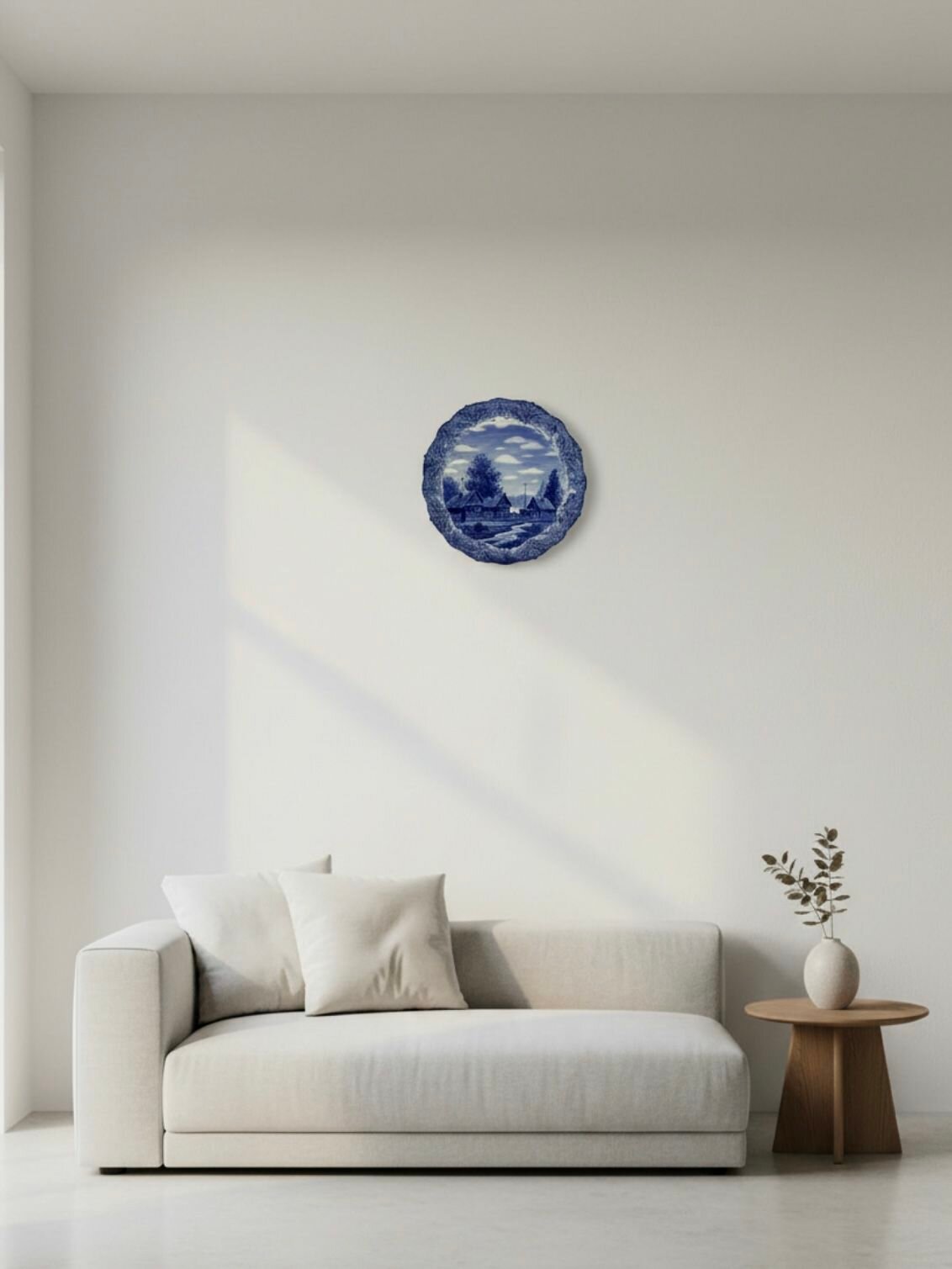 Тарелка настенная декоративная панно "Пейзаж" D 29 см гжель фарфор ручная работа