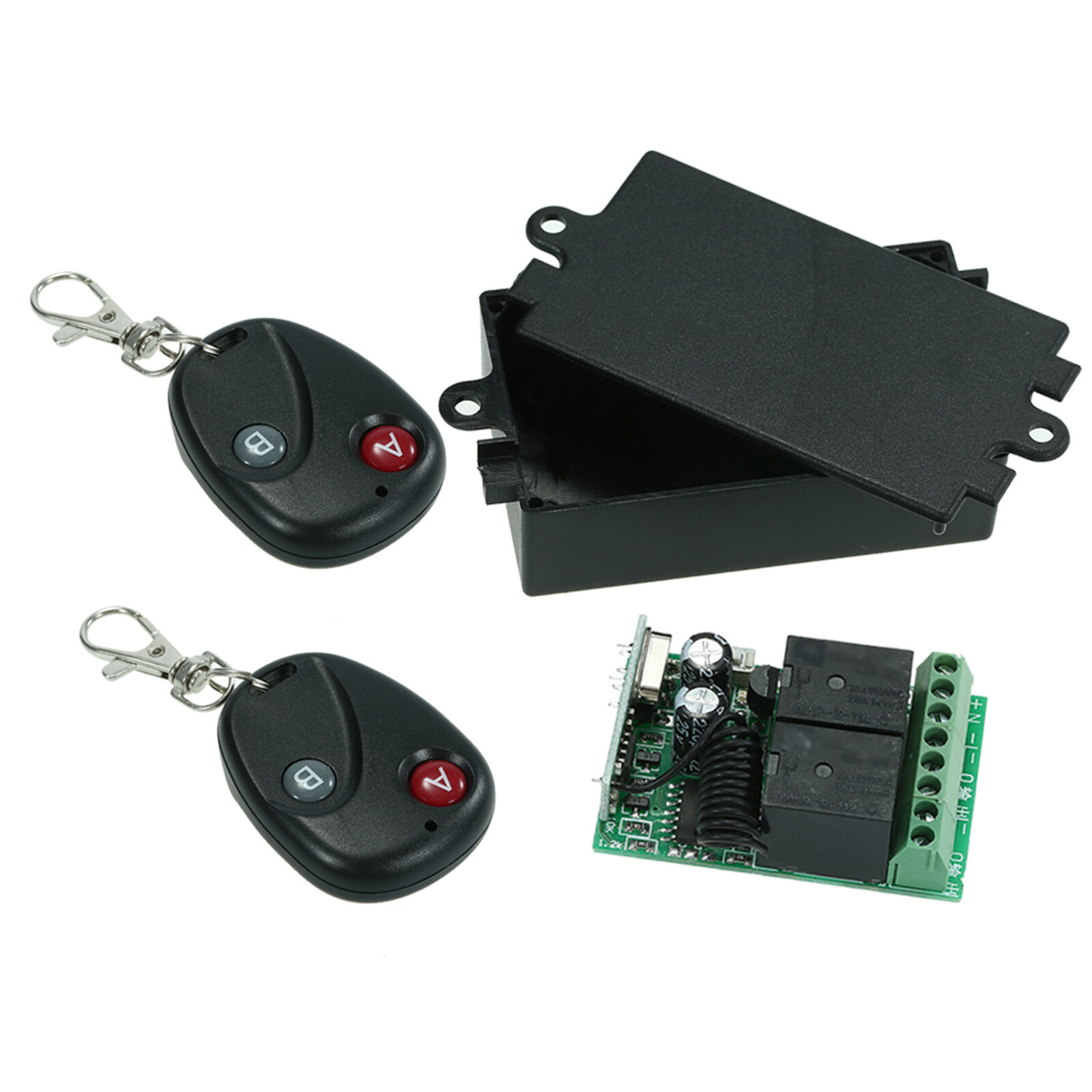 433 МГц DC 12V 2-канальный универсальный релейный модуль беспроводного дистанционного управления на 10А с приемником и 2 пультами ДУ RF 433 МГц (2 кнопки, чип 1527) для умного дома.