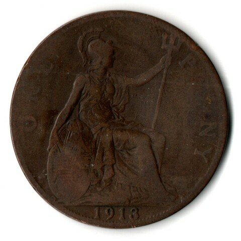 1 пенни 1913 год. Великобритания (Георг V). Бронза, диаметр 30.8 мм. VF