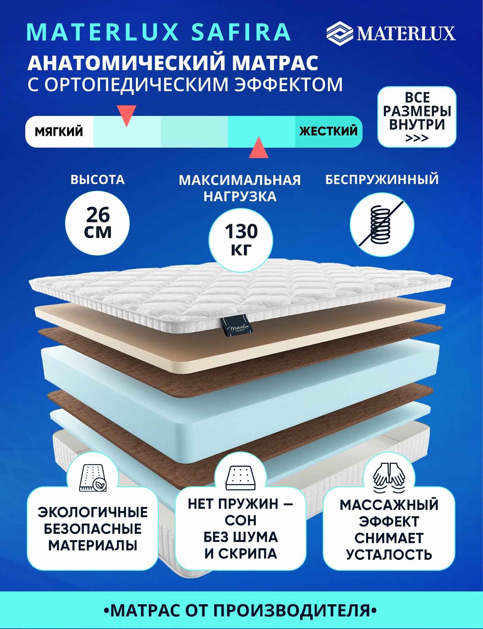 Матрас Materlux Safira 90х210 серии Lux высота 26 см анатомический средней жесткости кокосовый Беспружинный