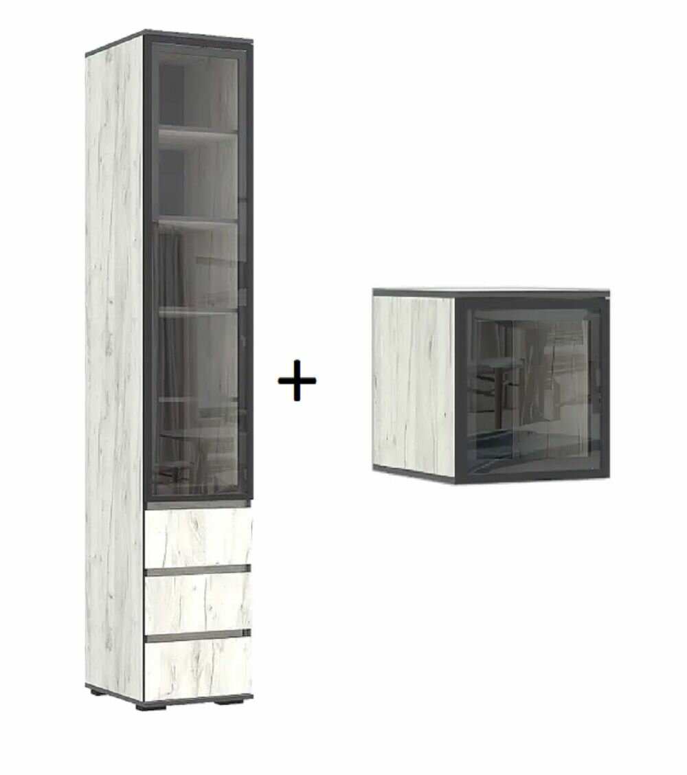 Норд Пенал-стекло 40 см. с ящиками + антресоль. Дуб Крафт белый