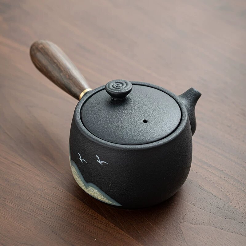 Чайник в японском стиле «Черная керамика» с боковой ручкой, керамический чайник для заваривания чая, одиночный чайник,