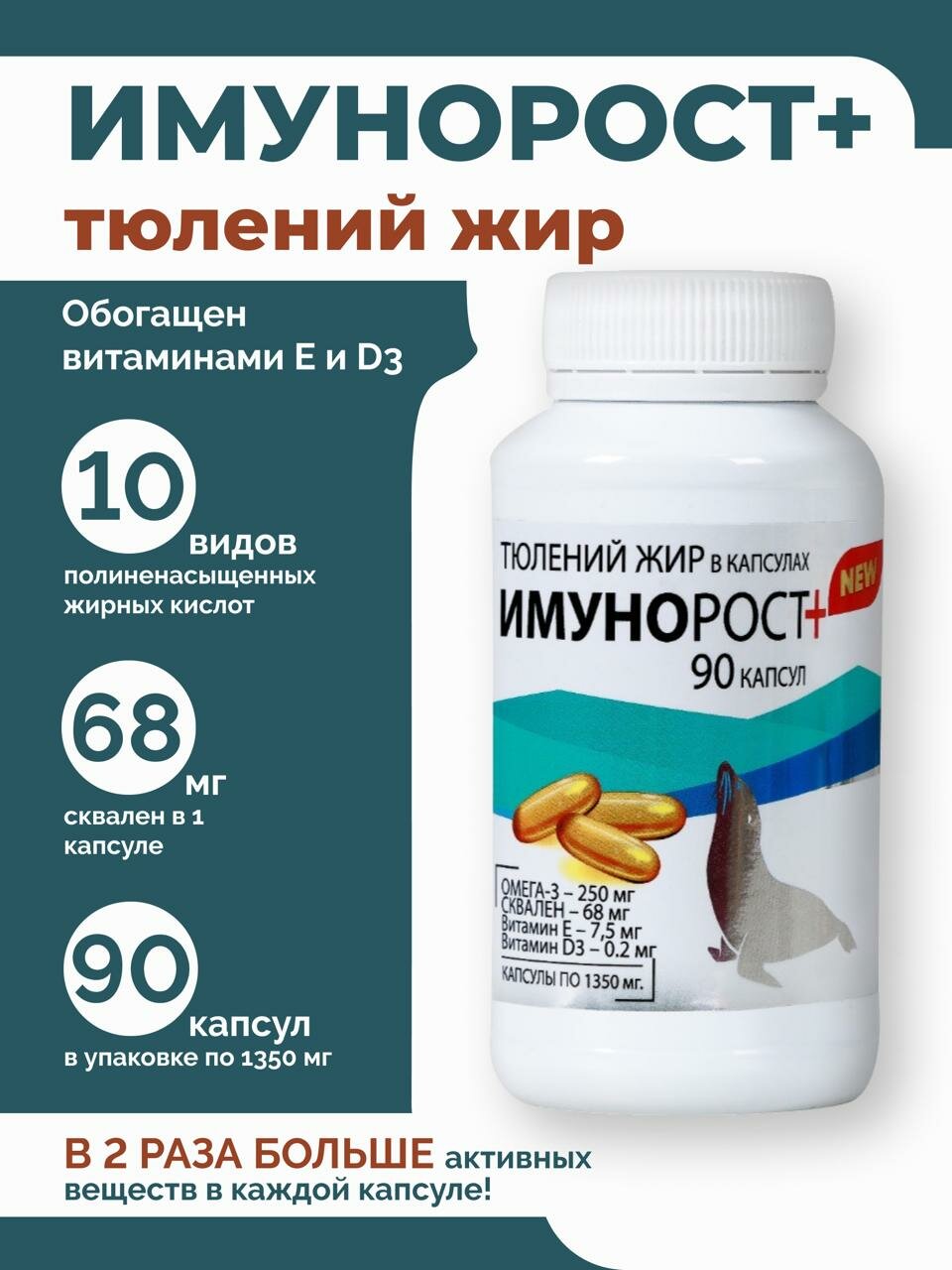 Тюлений жир Имунорост+, Омега-3, Витамин Е, D3, 90 капсул