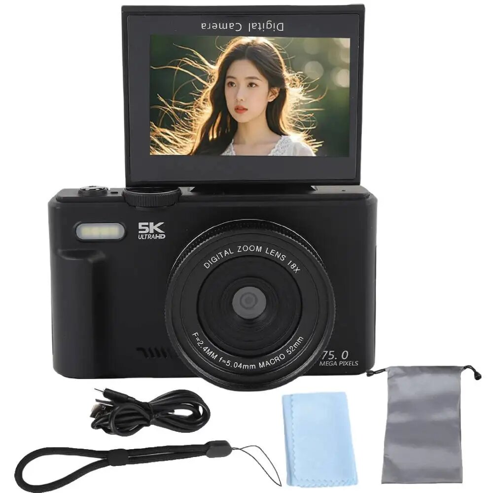 AEVYKV Digital Camera 75MP 5K Camera With 32G, Black