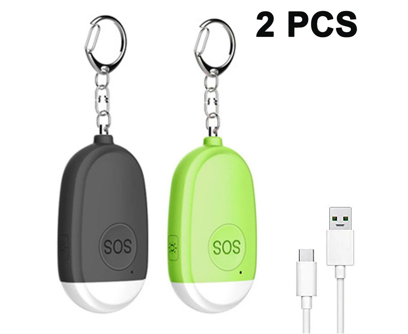 Двухпакетный подзарядной сигнализатор безопасности на ключевой цепочке с аварийным светодиодным светом, материал ABS, размер 73*41*21мм, цвет черный + зеленый, количество 2 штуки, USB-подзарядная батарея, 130 дБ сигнал тревоги, 2 способы использования,