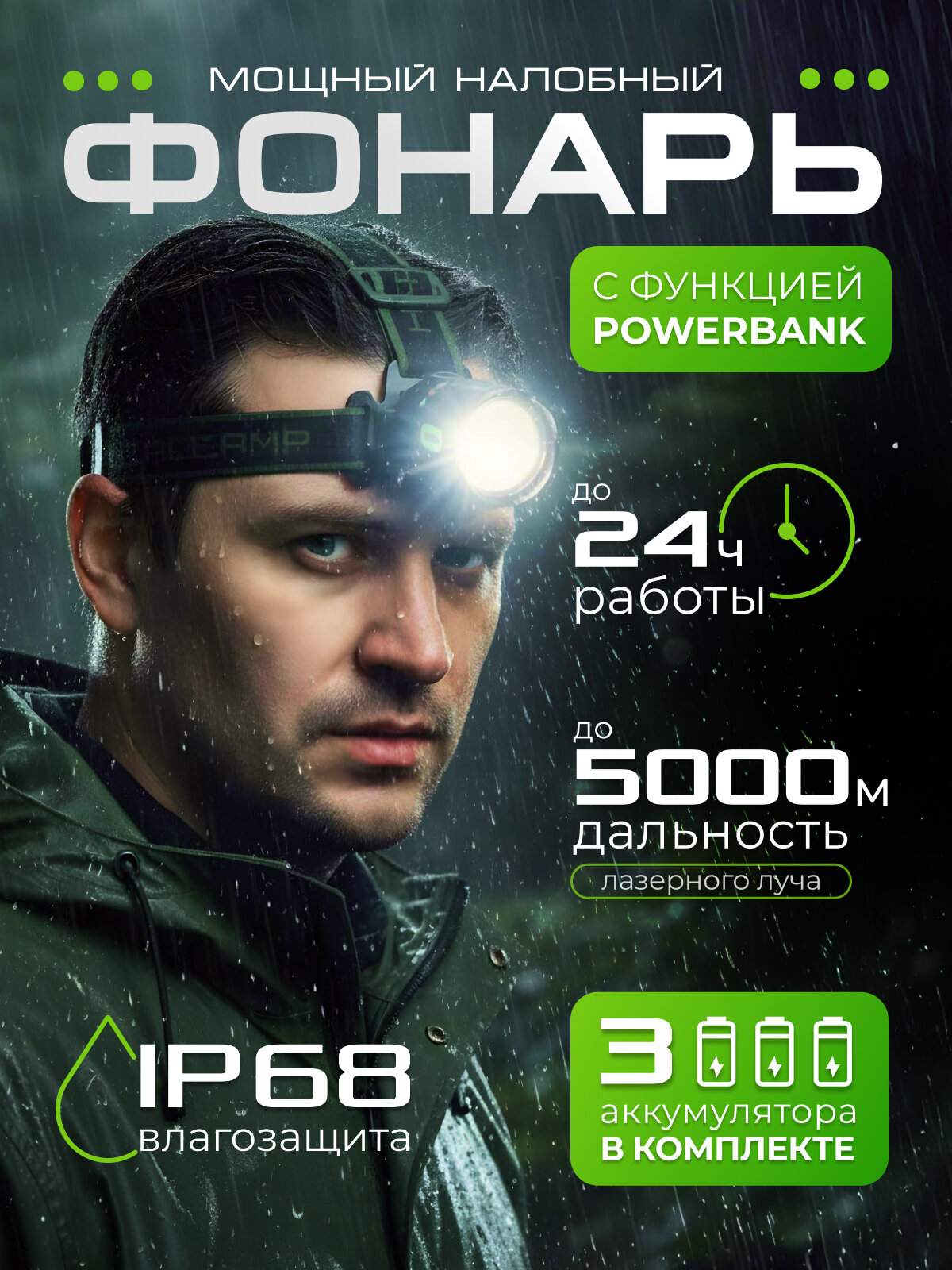 Налобный фонарь, светодиодный, мощный, аккумуляторный, с зарядкой