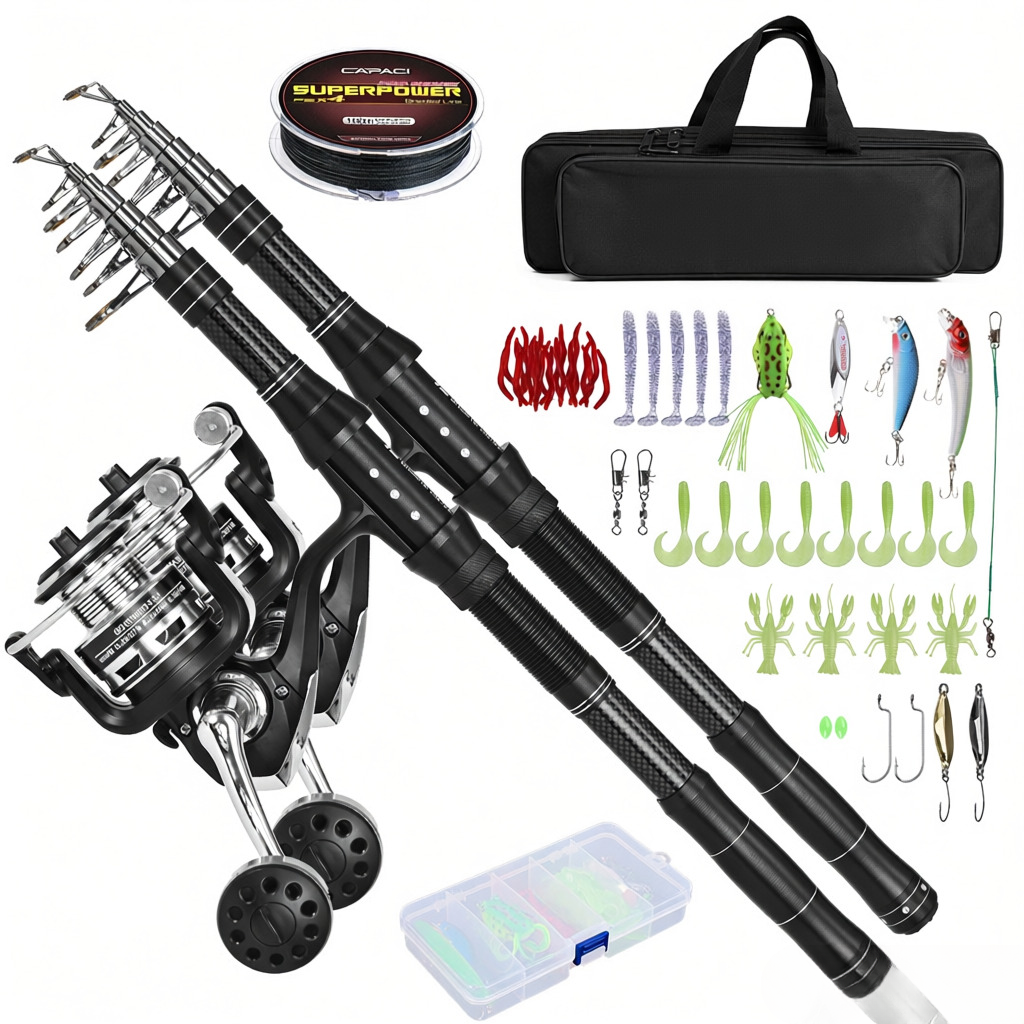 Комплект ультралегких удочек и катушек для рыбалки 2 телескопических удочек с спиннинговыми катушками набор лески приманок крючков аксессуаров с переносным сумкой Material: углеродное волокно + алюминиевый сплав Model: 180/210/240/270/300 Line Weight: