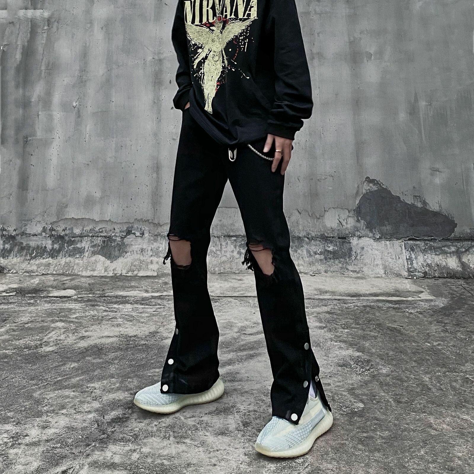 Тренд RONG CH Женские Джинсы Высокий Улица Потертые Кнопка Черные Слим Деним, Размер_XL