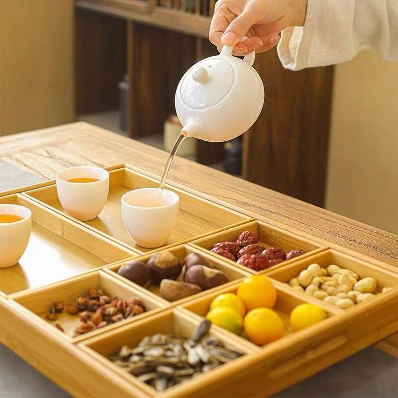 Китайский стиль разделенного домашнего контейнера для закусок, бамбуковый поднос для чая, свежая маленькая тарелка для сухофруктов